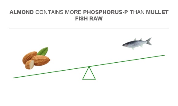 Compare Phosphorus in Almond to Phosphorus in Mullet fish raw