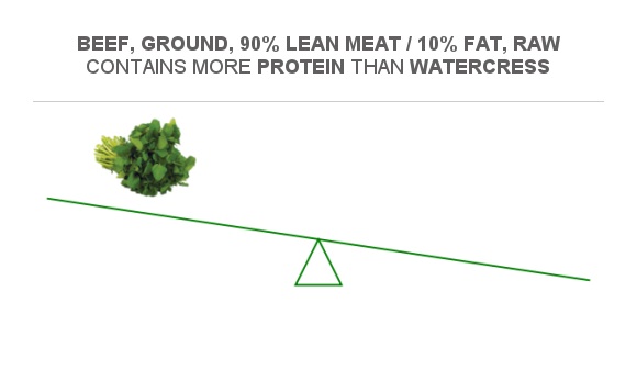 Compare Protein in Watercress to Protein in Beef, ground, 90% lean meat ...