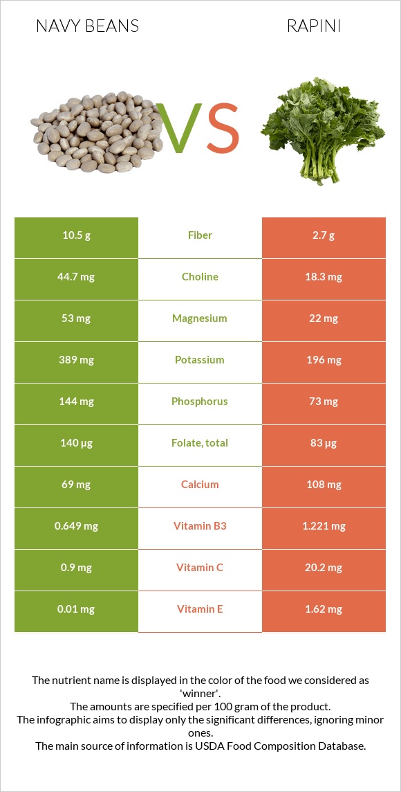 Navy beans vs. Rapini — In-Depth Nutrition Comparison