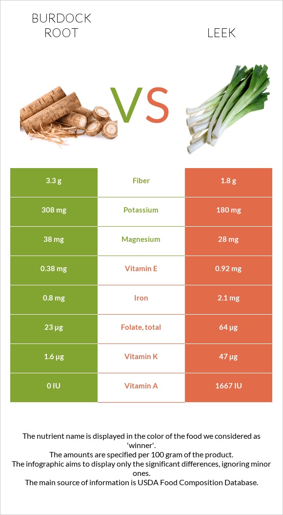 Burdock root vs. Leek — In-Depth Nutrition Comparison