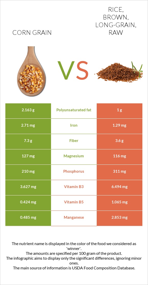 Corn grain vs. Rice, brown, long-grain, raw — In-Depth Nutrition Comparison