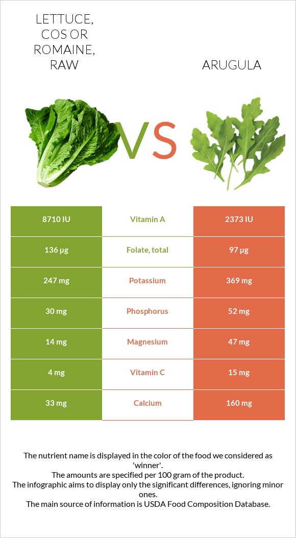 Lettuce, cos or romaine, raw vs. Arugula — In-Depth Nutrition Comparison