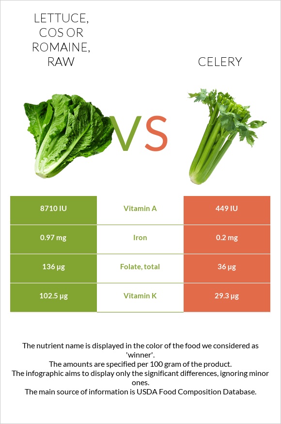 Lettuce, cos or romaine, raw vs. Celery — In-Depth Nutrition Comparison