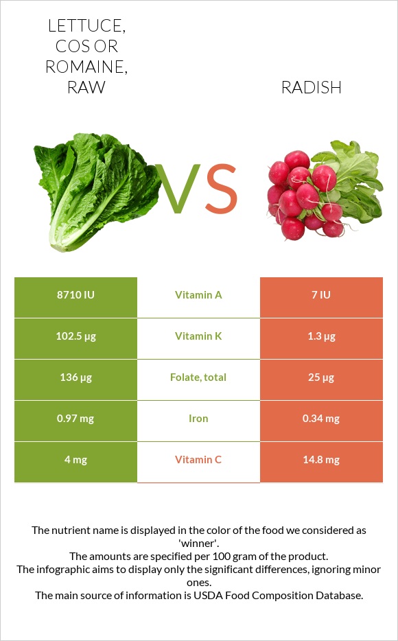 Lettuce, cos or romaine, raw vs. Radish — In-Depth Nutrition Comparison