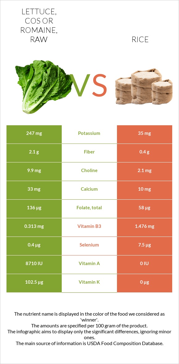 Lettuce, cos or romaine, raw vs. Rice — In-Depth Nutrition Comparison