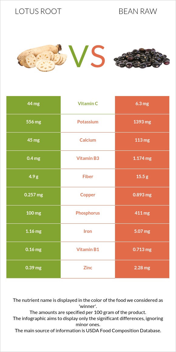 Lotus root vs. Bean raw — In-Depth Nutrition Comparison