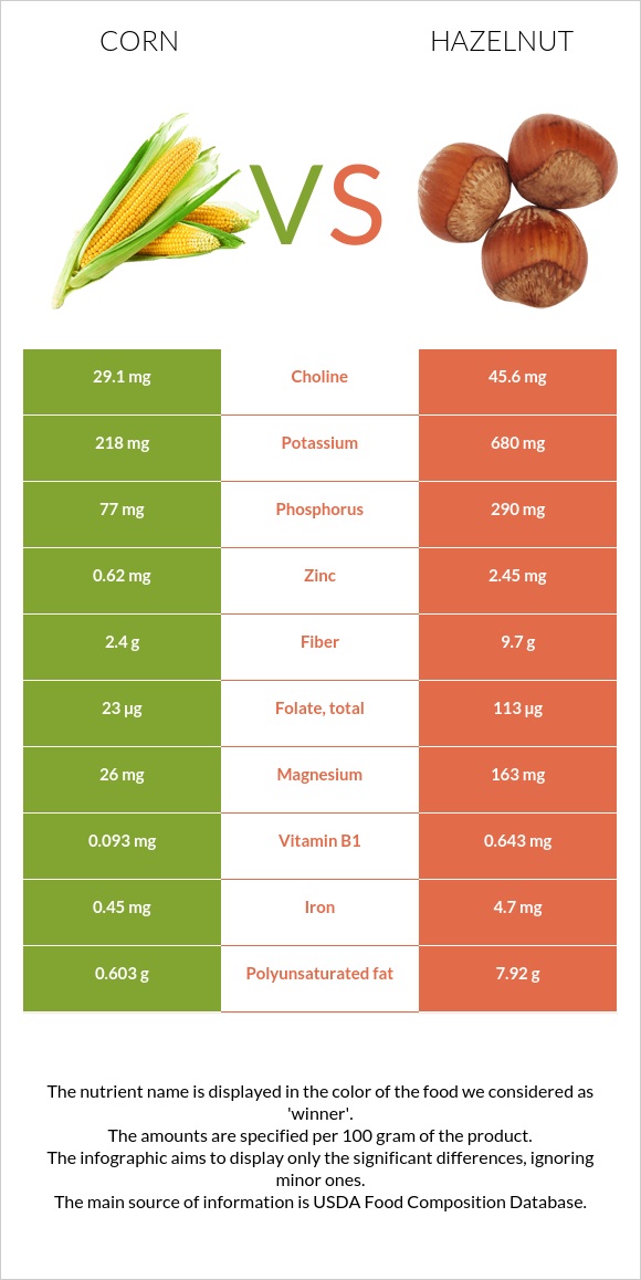 Corn vs. Hazelnut — In-Depth Nutrition Comparison