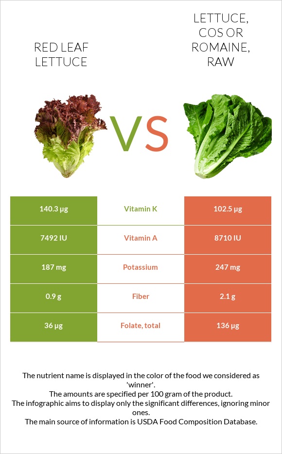 Red leaf lettuce vs. Lettuce, cos or romaine, raw — In-Depth Nutrition ...