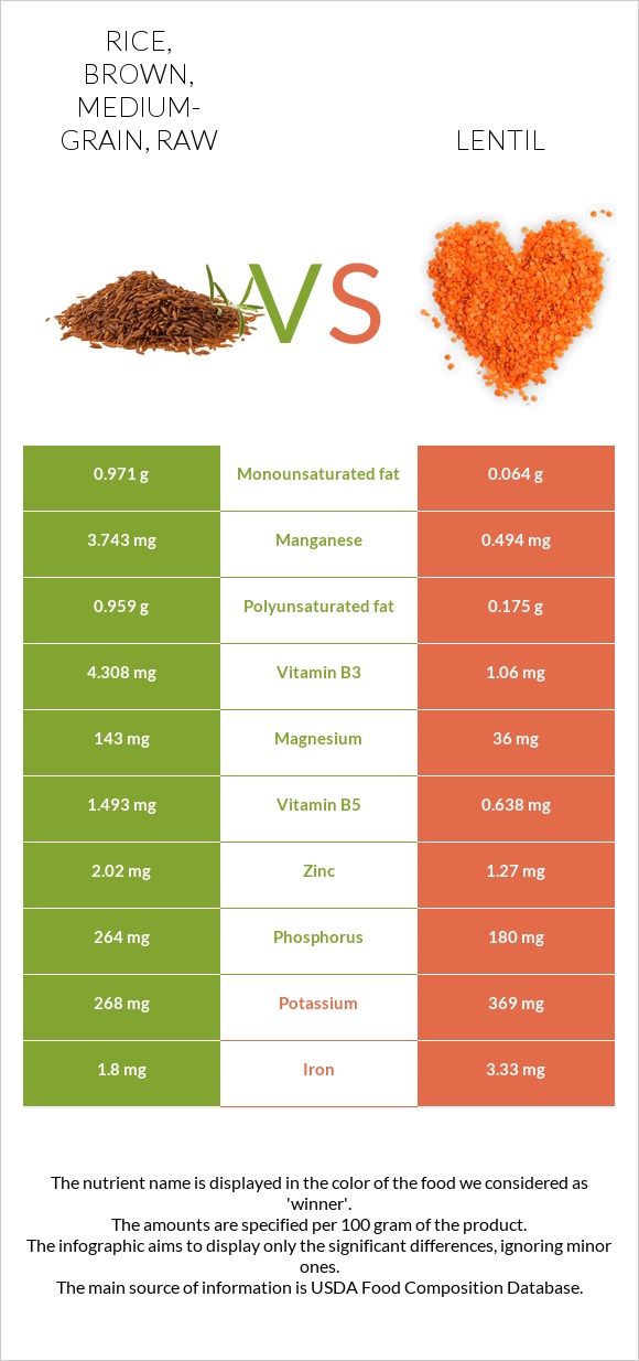 Rice, brown, medium-grain, raw vs. Lentil — In-Depth Nutrition Comparison