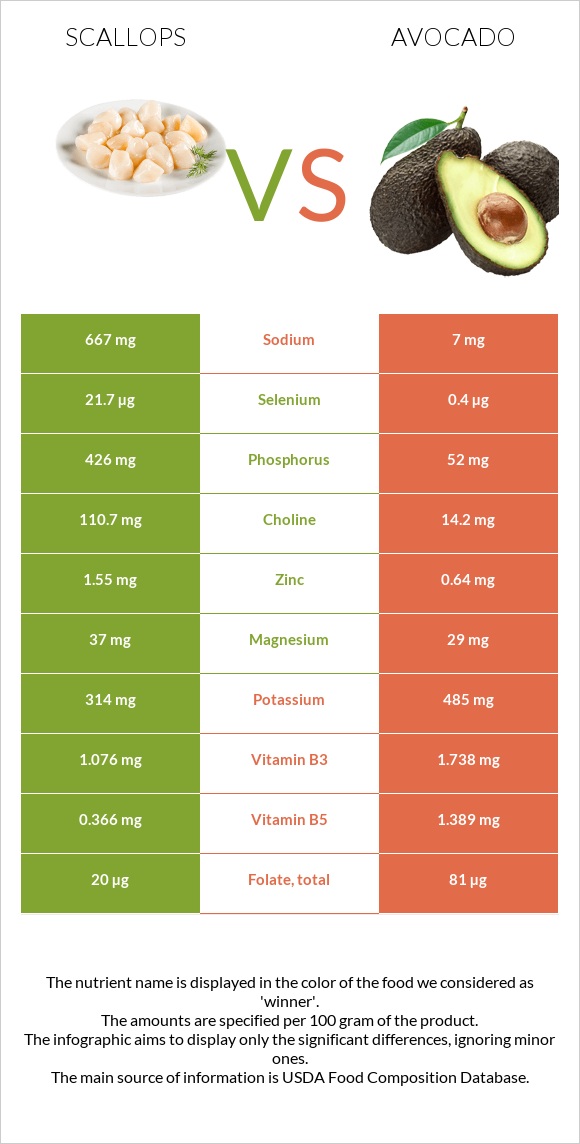Scallop vs. Avocado — In-Depth Nutrition Comparison