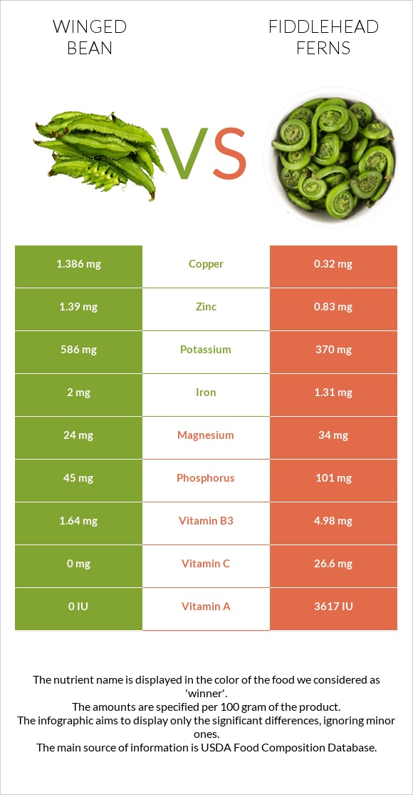 Winged bean vs. Fiddlehead ferns — In-Depth Nutrition Comparison